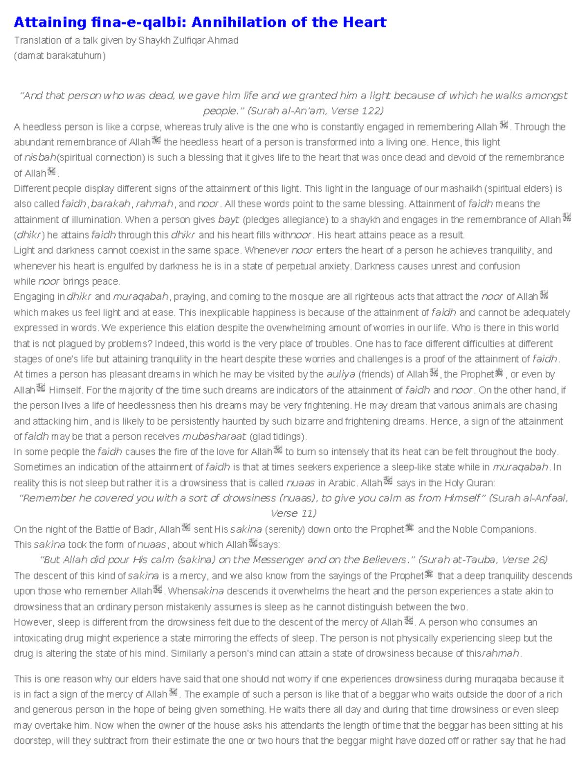 Attaining fina-e-qalbi - ” (Surah al-An’am, Verse 122) A heedless ...