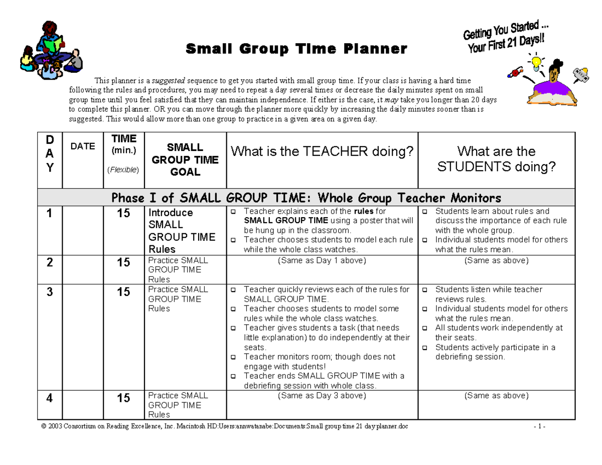 Small group time 21 day planner - © 2003 Consortium on Reading ...
