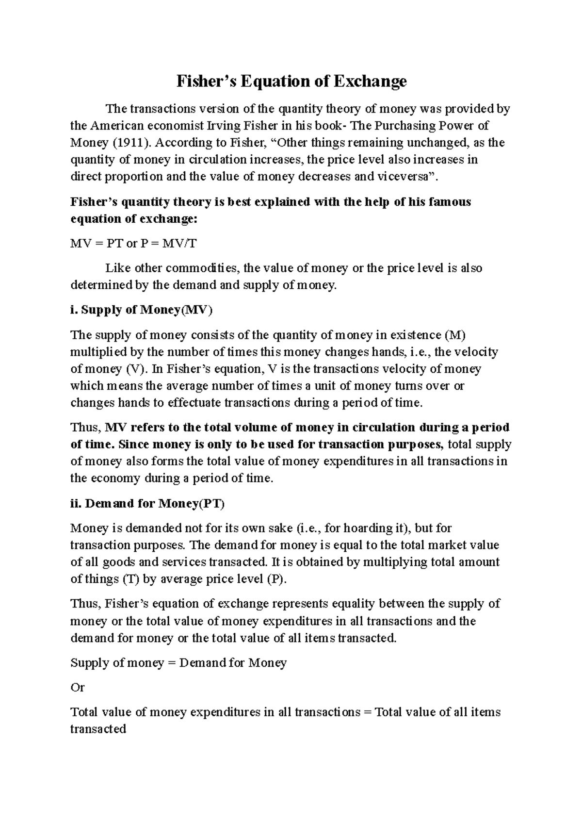 Fisher's Equation of Exchange - Fisher’s Equation of Exchange The ...