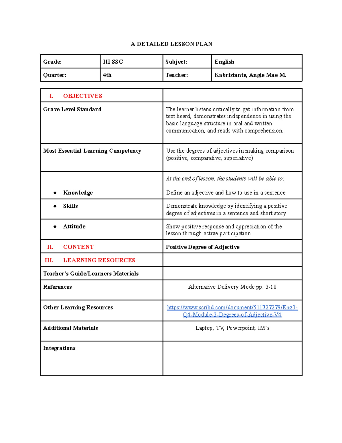 Week 1 - English SES - Week 1 Quarter IV Lesson Plan - A DETAILED ...