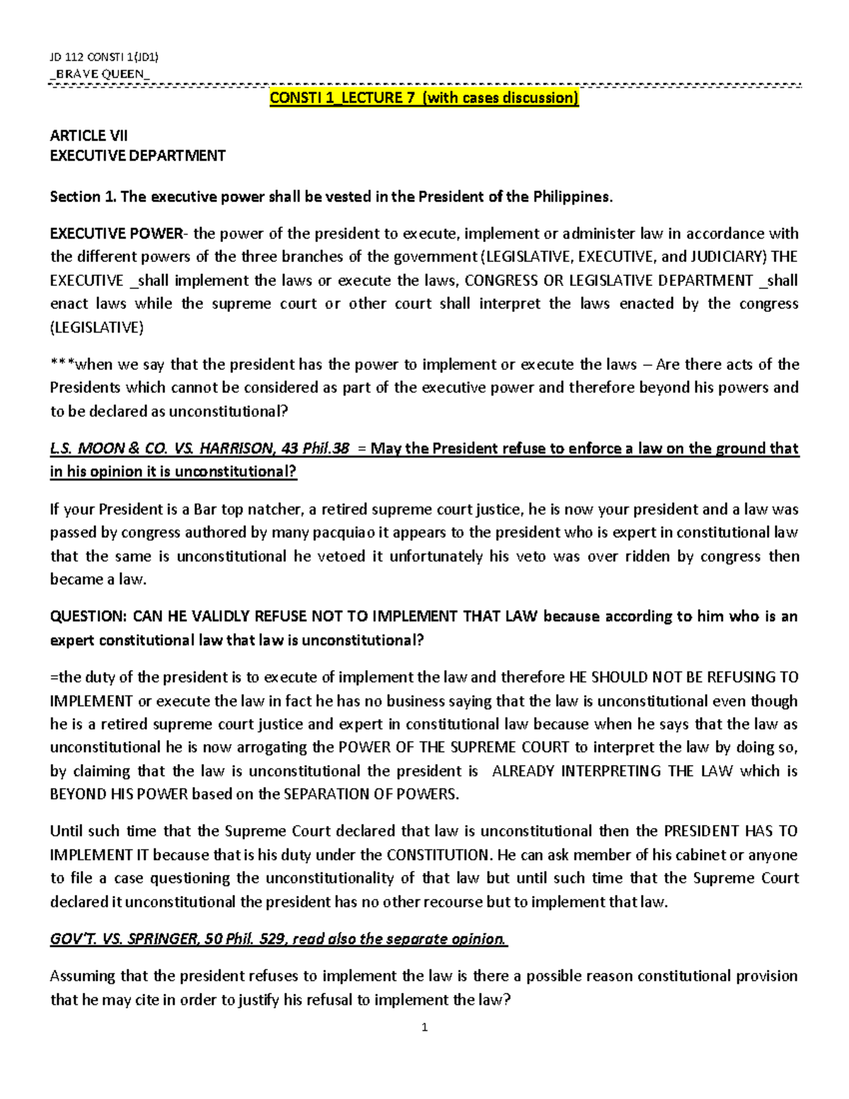 Consti 1 Aricle VII Lecture 7 - BRAVE QUEEN CONSTI 1_LECTURE 7 (with cases discussion) ARTICLE ...
