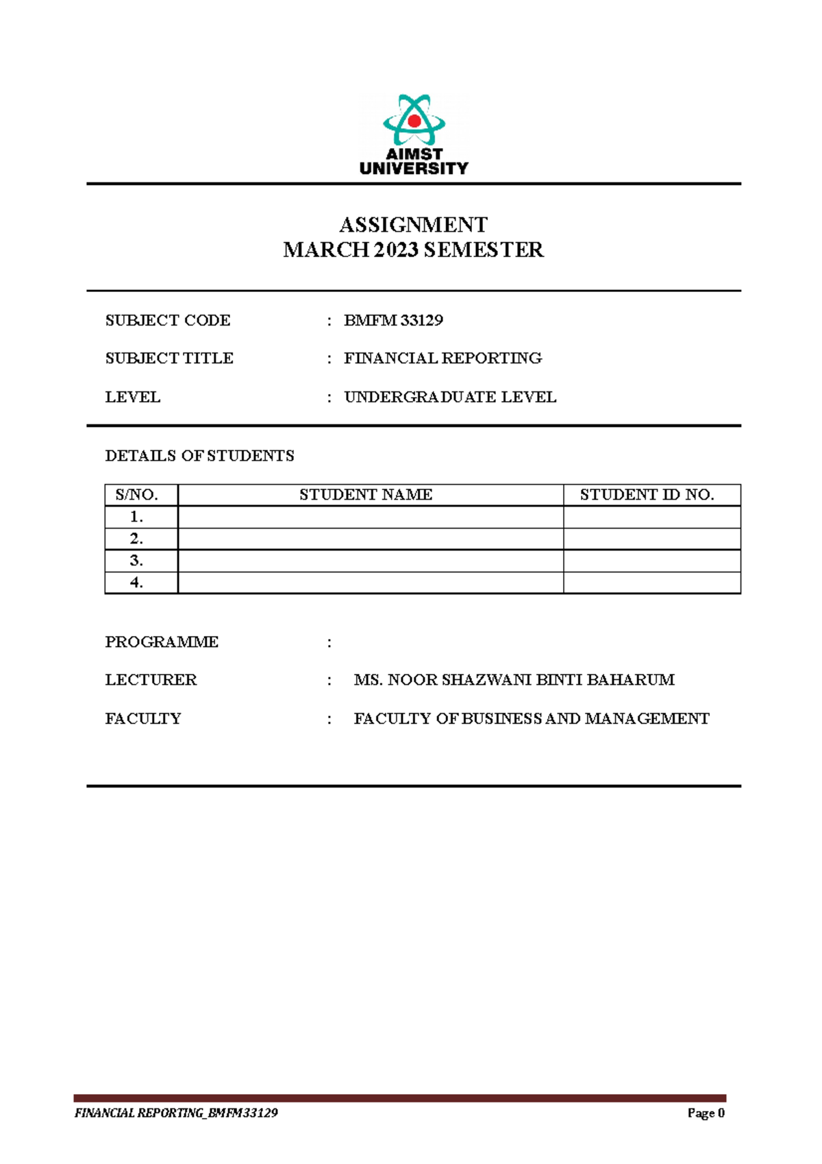 Assignment (Financial Reporting - BDFC4230311)(10%) - ASSIGNMENT MARCH ...