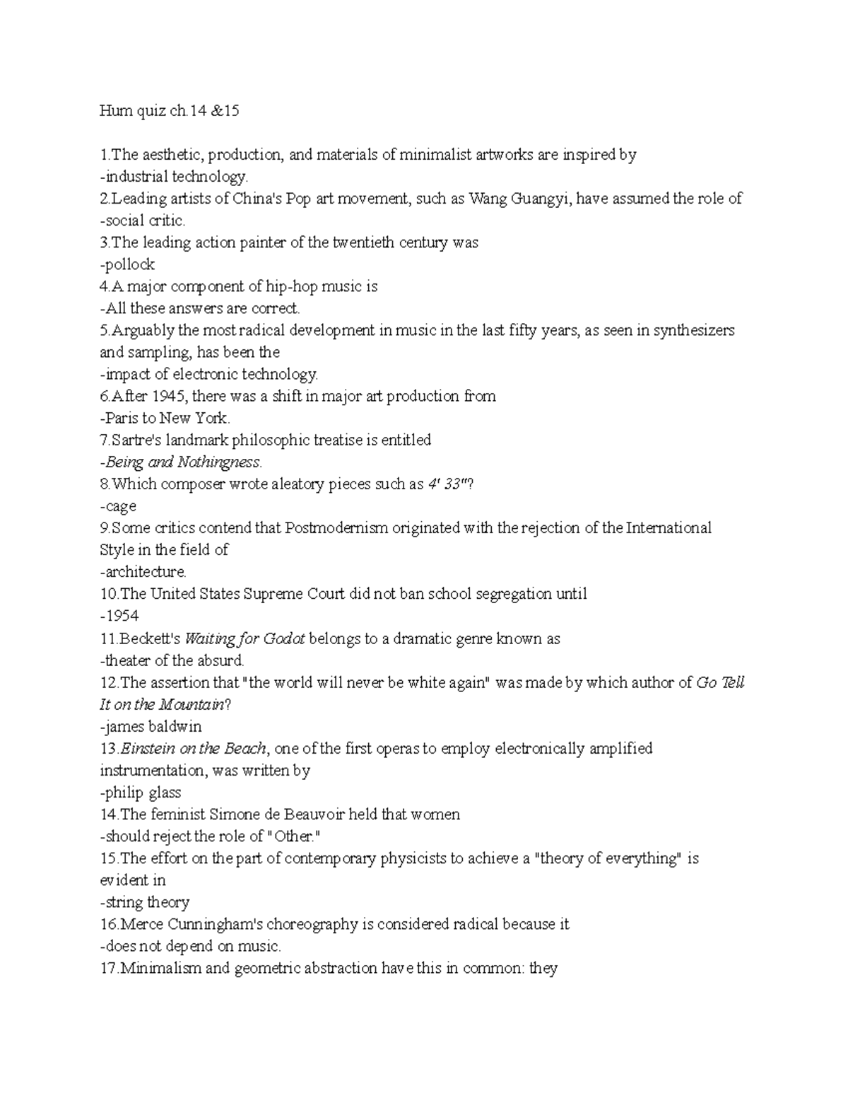 Hum quiz ch. 14 &15 - Here are lecture notes for chapter 14 & 15 - Hum ...