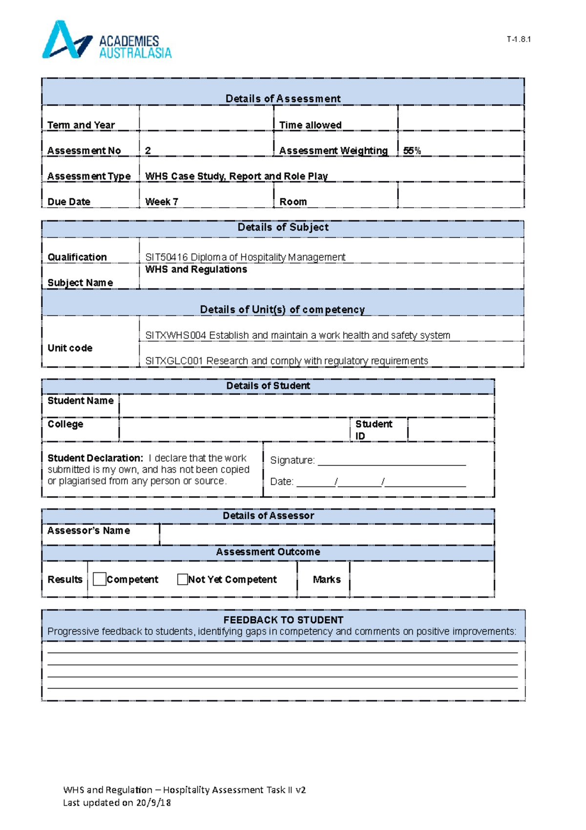 HM Assessment Task II WHS and Regulations Wendy - Details of Assessment ...