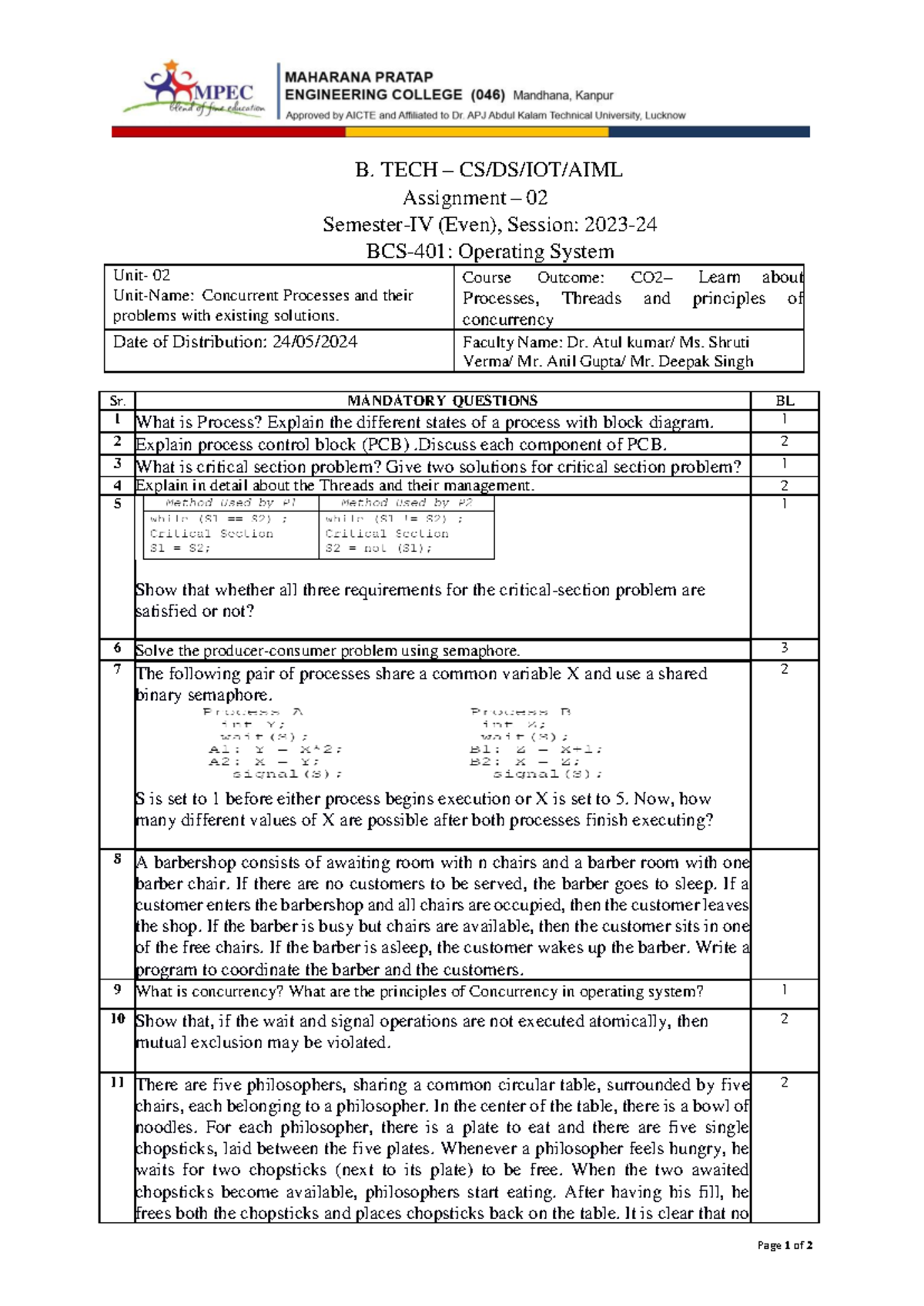 T2 BCS401 operating System - Page 1 of 2 B. TECH – CS/DS/IOT/AIML ...