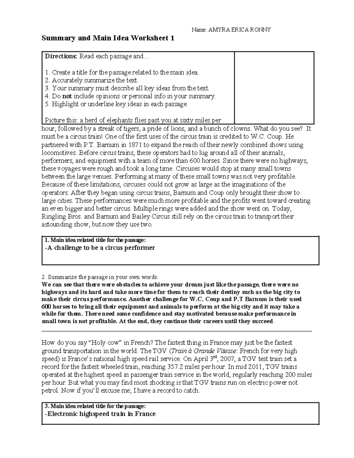 ELC151 BL3 Reading summary-and-main-idea-worksheet - Name: AMYRA ERICA ...