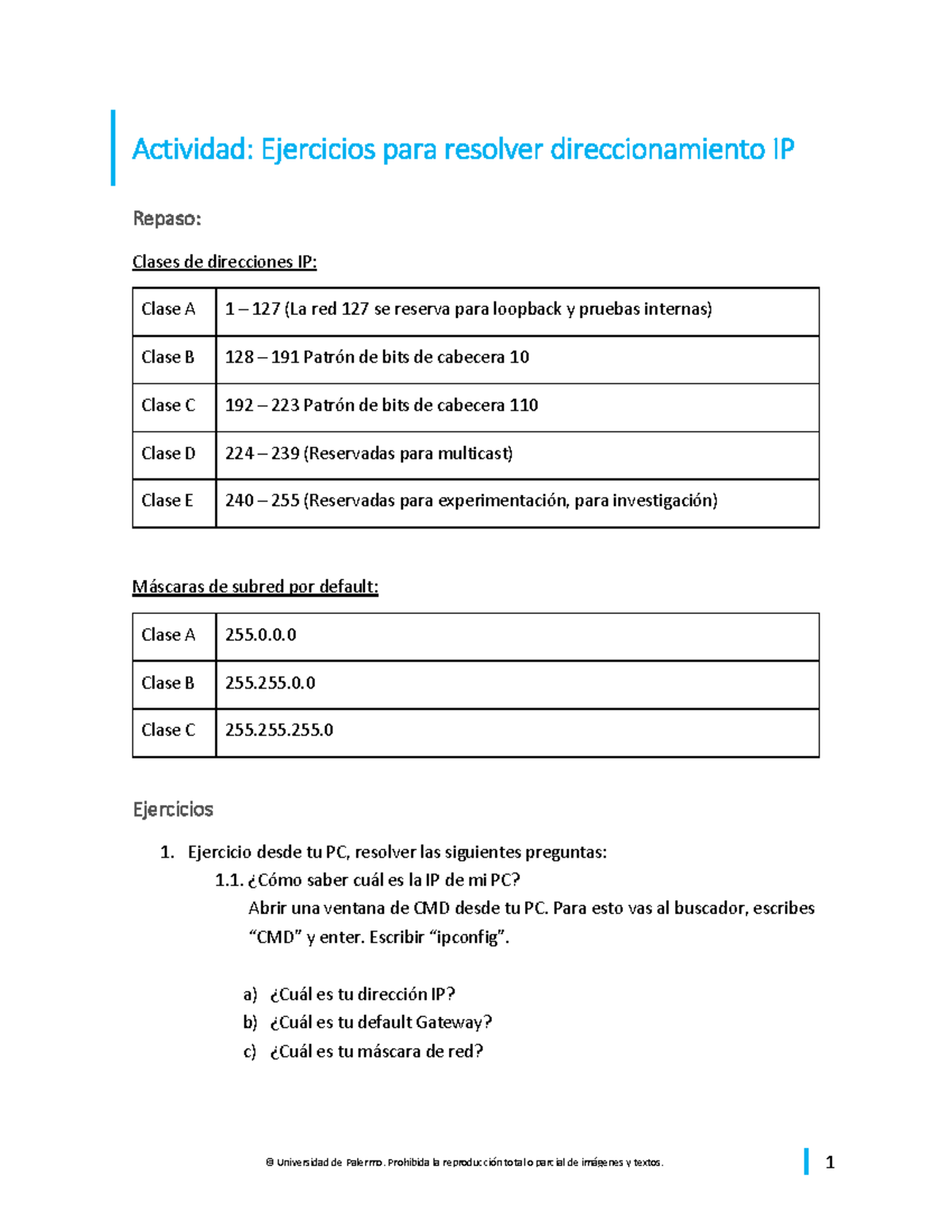 Ejercicios para resolver direccionamiento IP - Actividad: Ejercicios para resolver ...