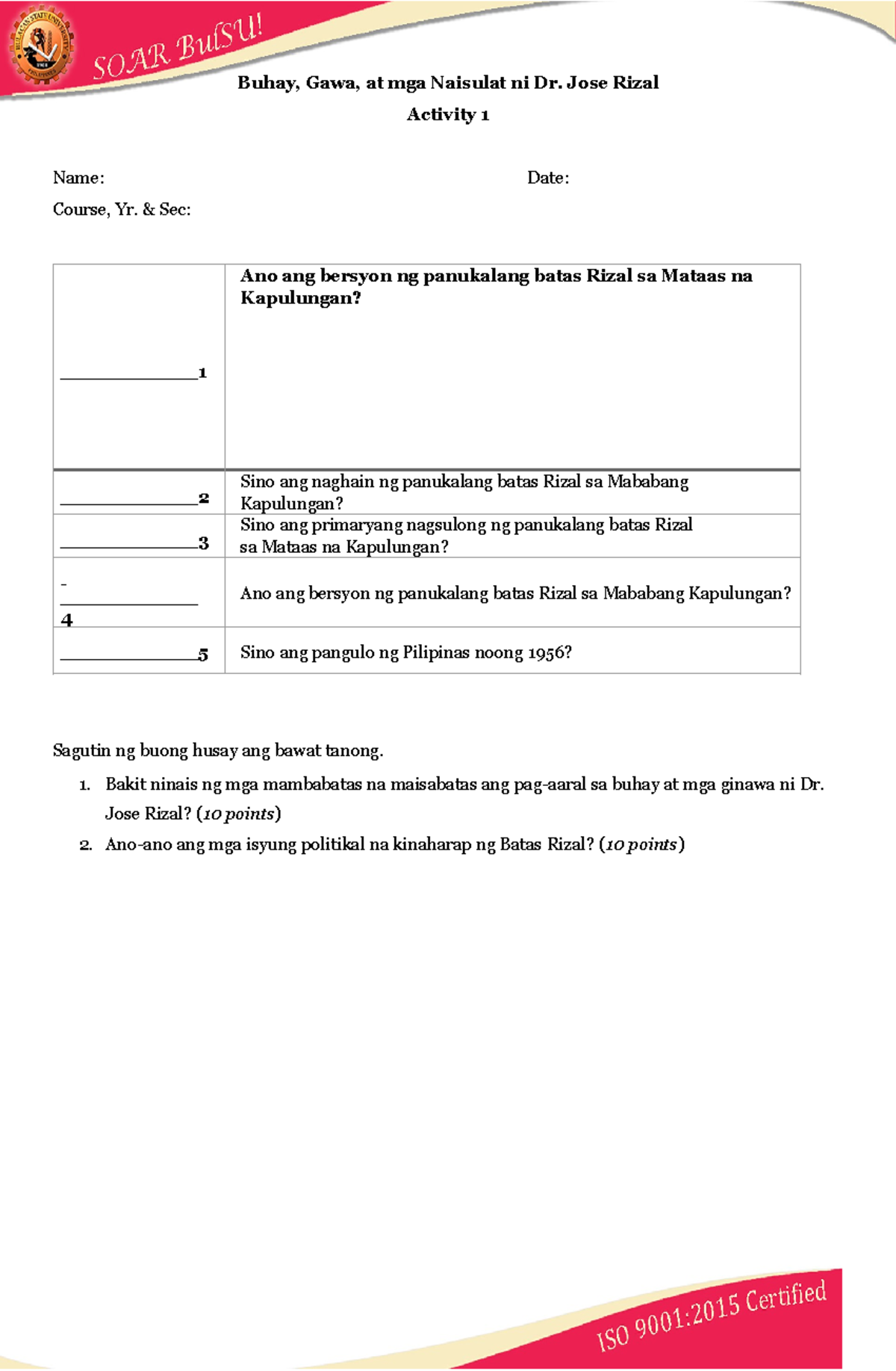 Activity-1 - Rizal life and works - Buhay, Gawa, at mga Naisulat ni Dr ...