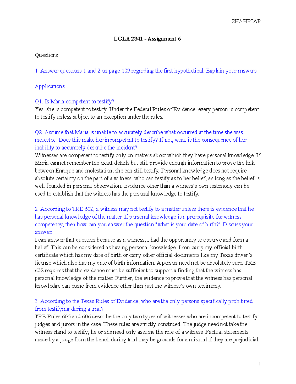 LGLA 2341 - Assignment 6 - SHAHRIAR LGLA 2341 - Assignment 6 Questions: Answer questions 1 and 2 ...