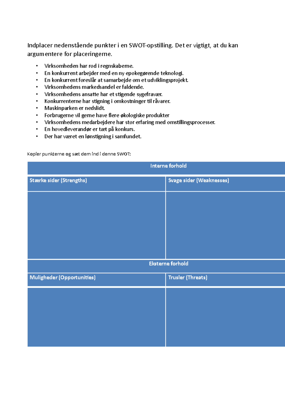 Indledning SWOT opgave - Indplacer nedenstående punkter i en SWOT ...