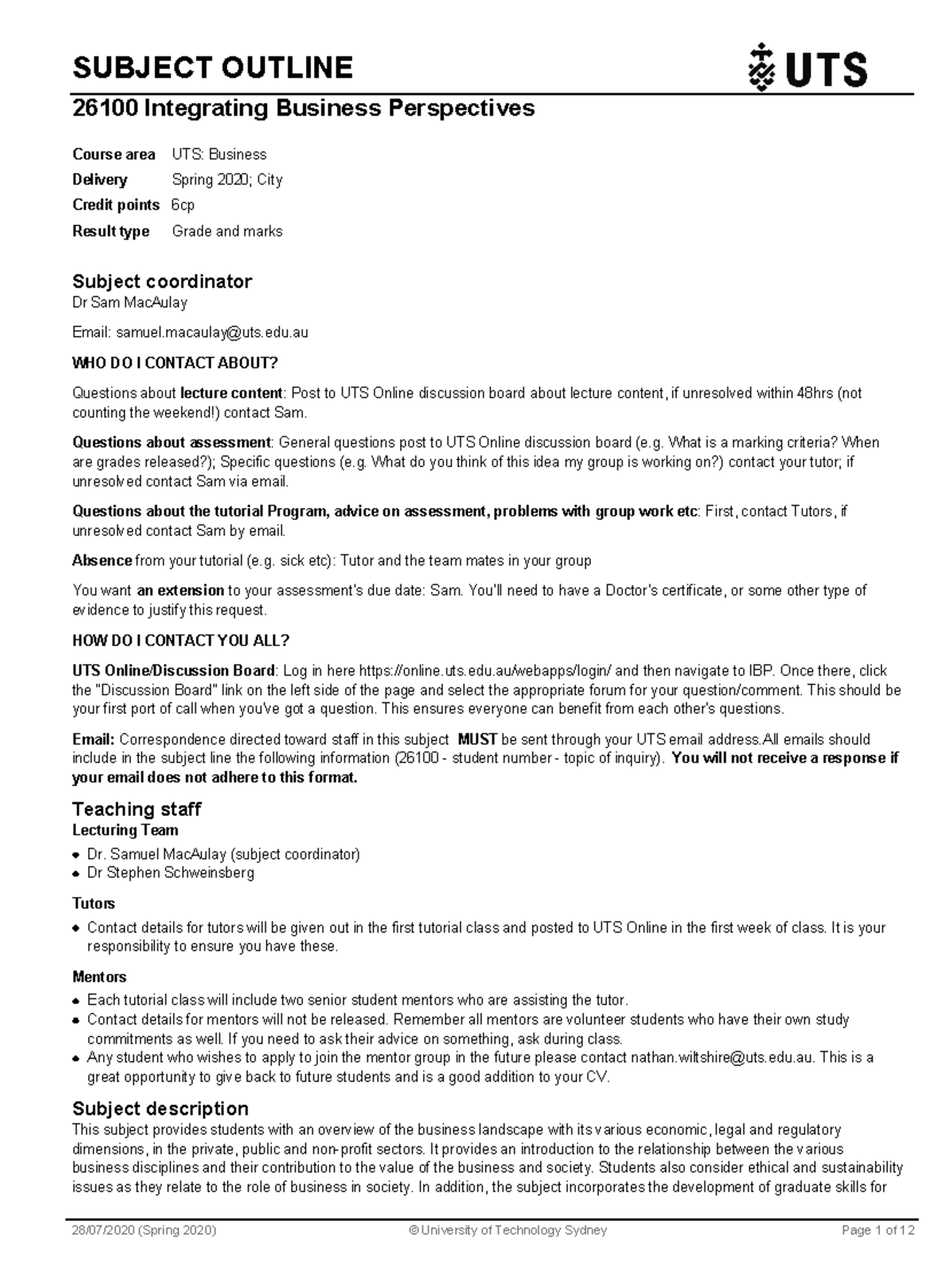 IBP Outline - IBP - SUBJECT OUTLINE 26100 Integrating Business ...