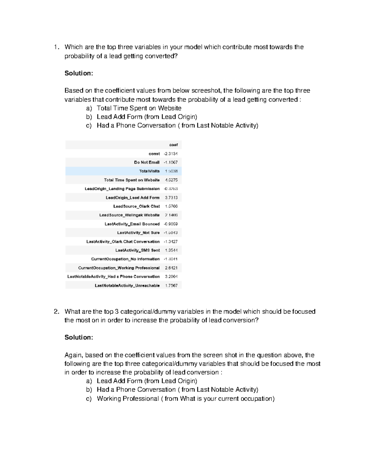 Lead Score Assignment Subjective Questions Answers - Which are the top three variables in your ...