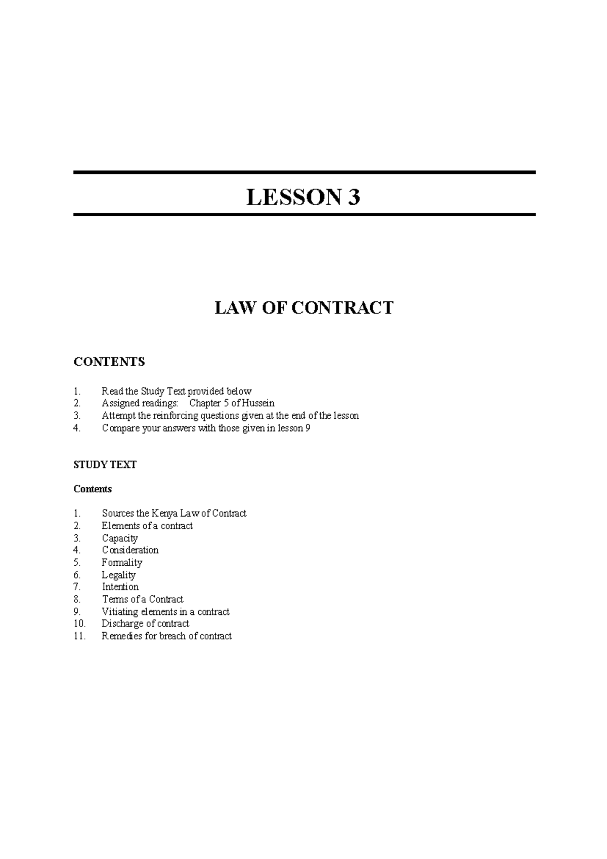 Contract law -study pact - LESSON 3 LAW OF CONTRACT CONTENTS Read the ...