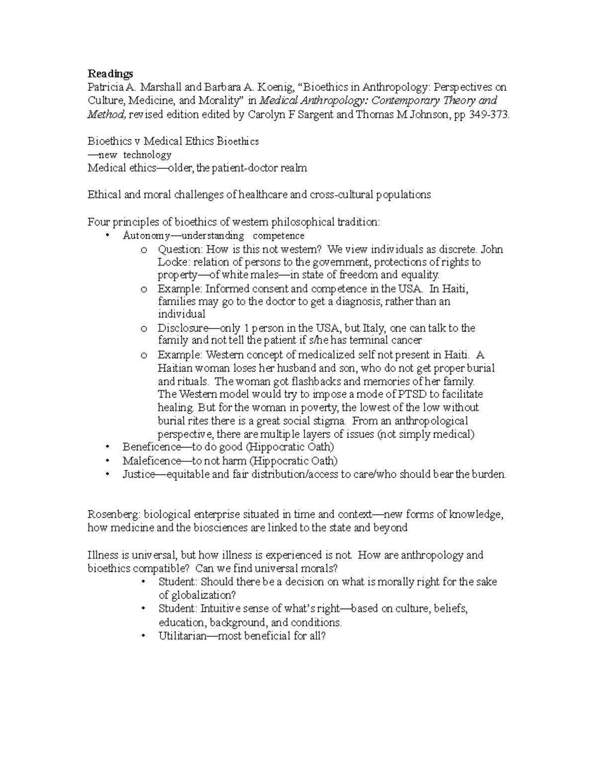 Bioethics Notes 2 - Readings Patricia A. Marshall and Barbara A. Koenig ...