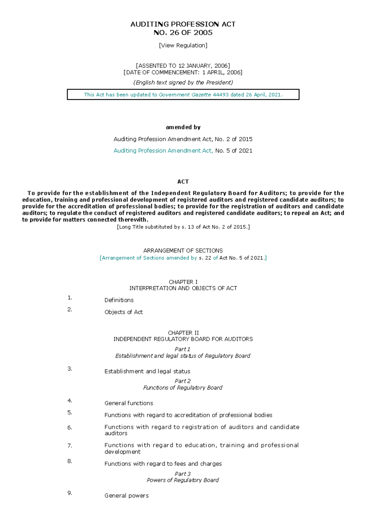 APA Amended Act 5 of 2021 - AUDITING PROFESSION ACT NO. 26 OF 2005 ...