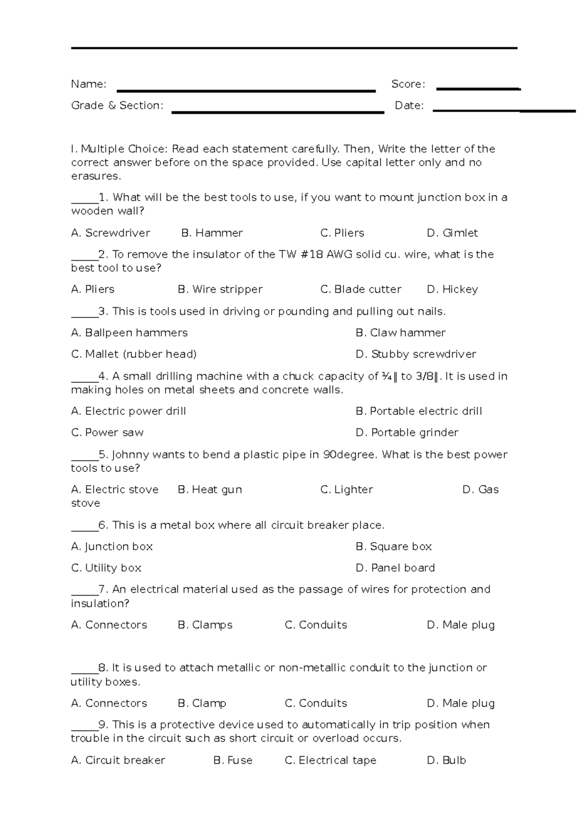 EIM Grade 11 1ST Quarter EXAM - Name: Score: Grade & Section: Date: I ...