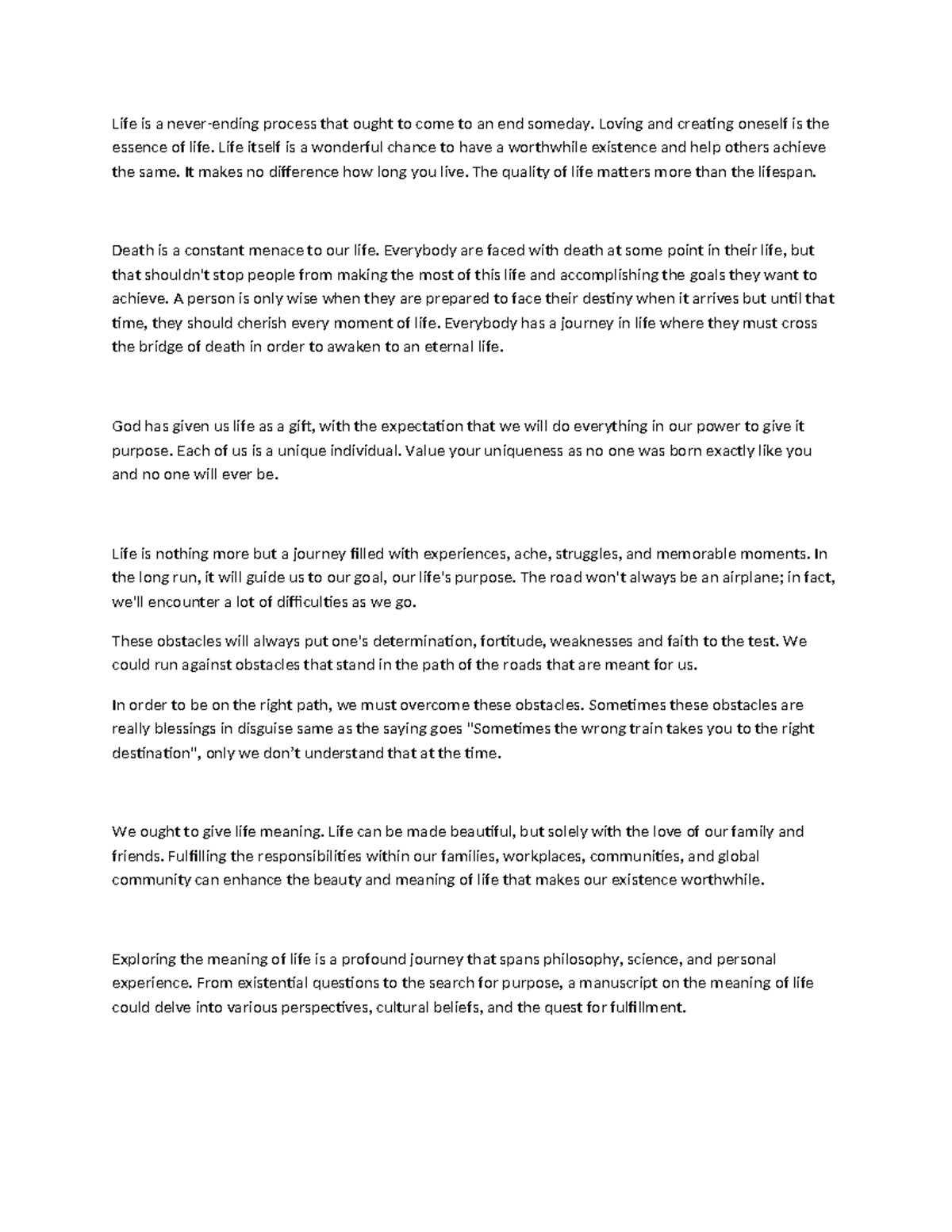 Manuscript about Life - Life is a never-ending process that ought to ...