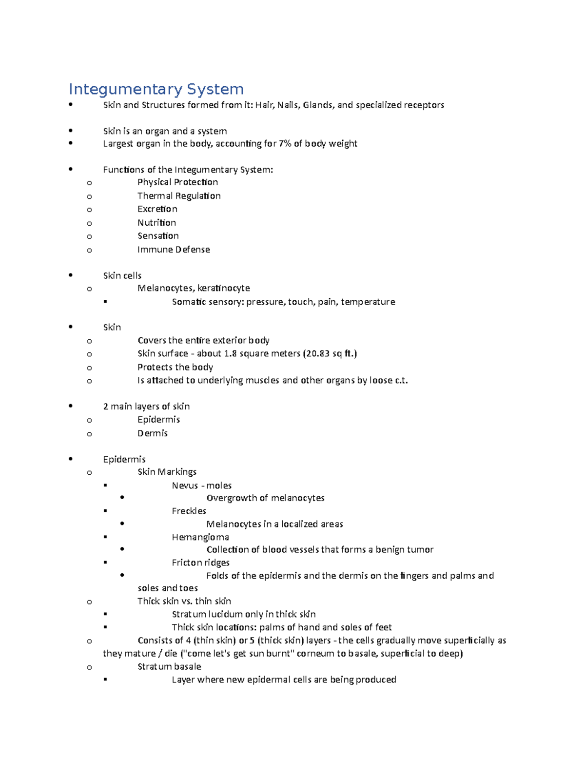 Integumentary System - Lecture notes 5 - Integumentary System Skin and ...
