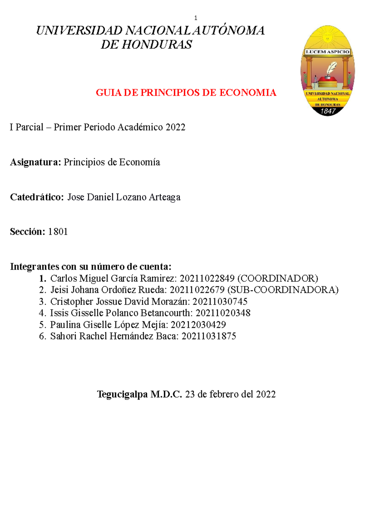 Guia I de principios de economia - UNIVERSIDAD NACIONAL AUTÓNOMA DE HONDURAS GUIA DE PRINCIPIOS ...
