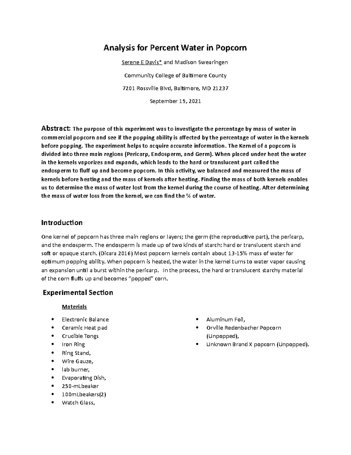 Analysis for Percent Water in Popcorn - The experiment helps to acquire ...