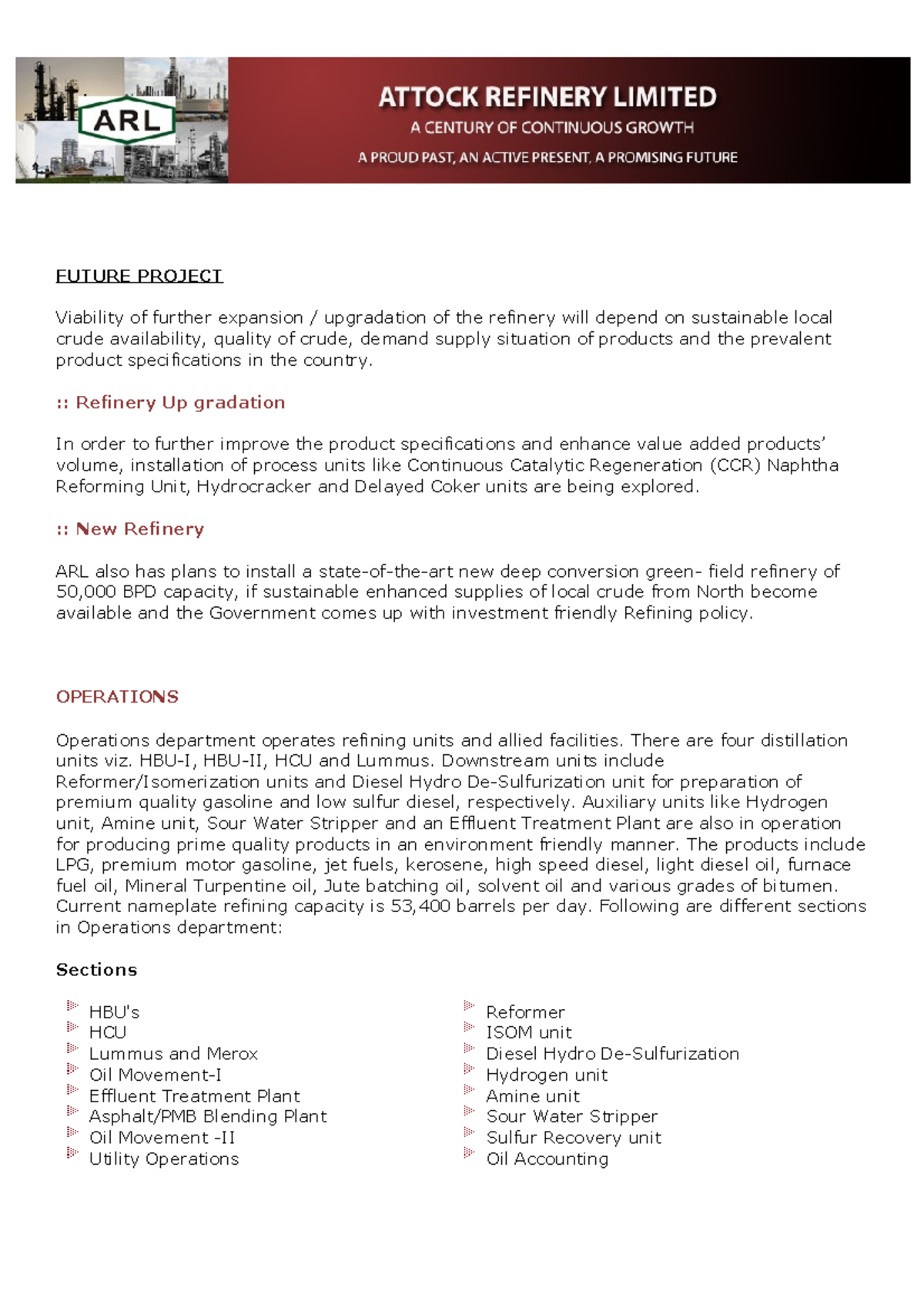 Attock Refinery Kimited - FUTURE PROJECT Viability of further expansion ...