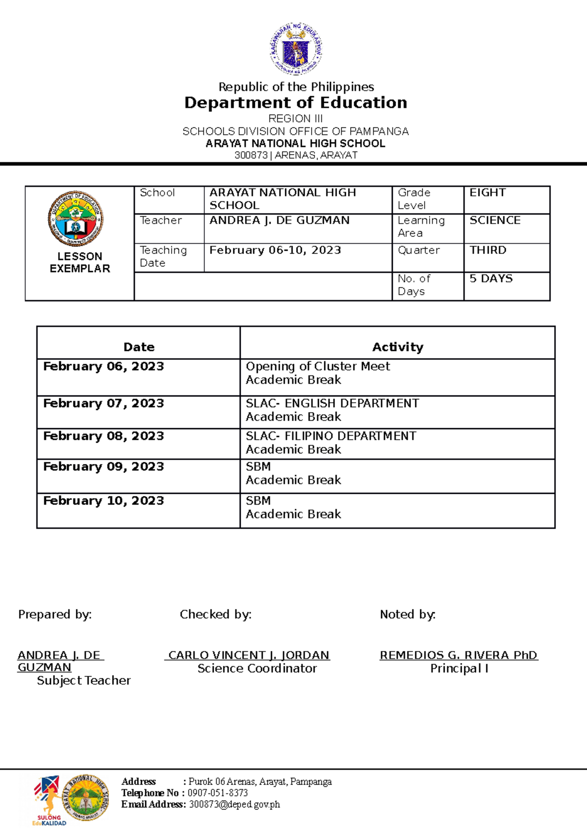 LESSON EXEMPLAR - Republic of the Philippines Department of Education ...