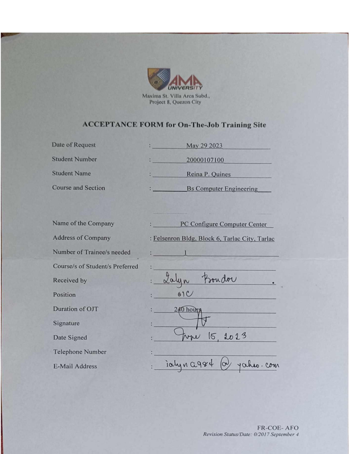 Acceptance Form - Example of OJT Requirement. - IT Practicum - Studocu