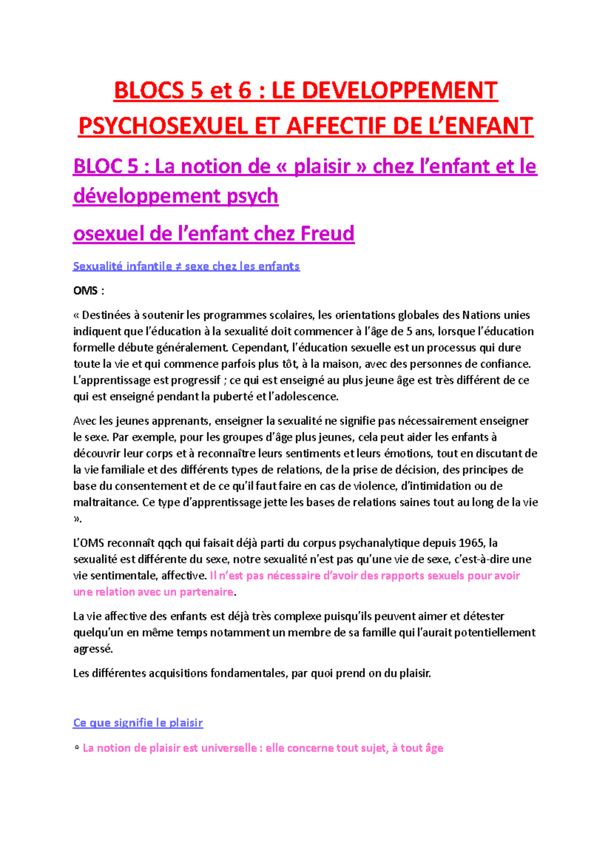 Blocs 5 et 6 - BLOCS 5 et 6 : LE DEVELOPPEMENT PSYCHOSEXUEL ET AFFECTIF DE L’ENFANT BLOC 5 : La ...