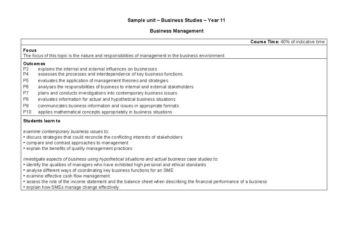 Business studies year 11 sample unit business management - Sample unit ...