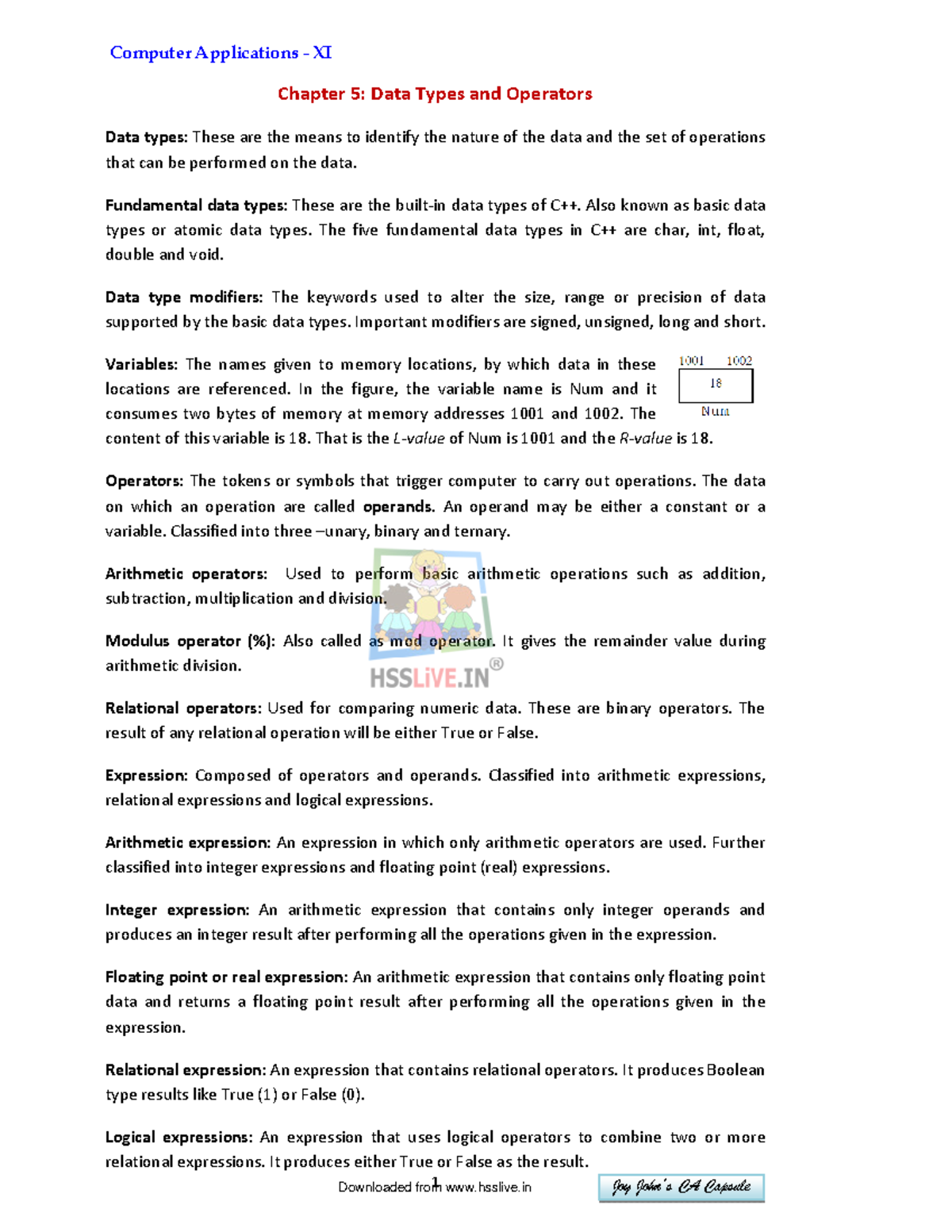 12982 - Chapter 7 - Computer Applications - XI 1 Joy John’s CA Capsule ...