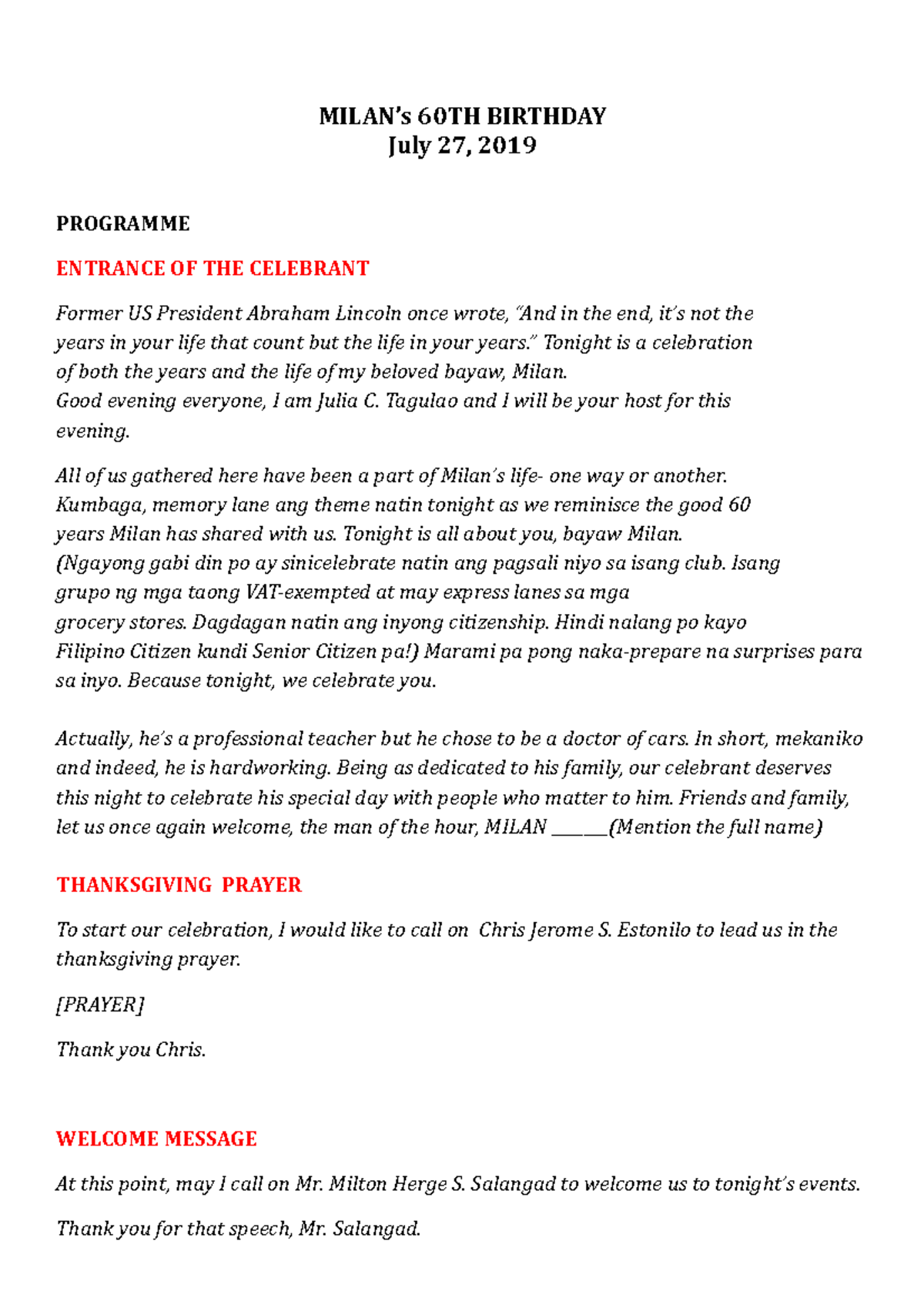 Birthday script - These document is useful for students taking ...