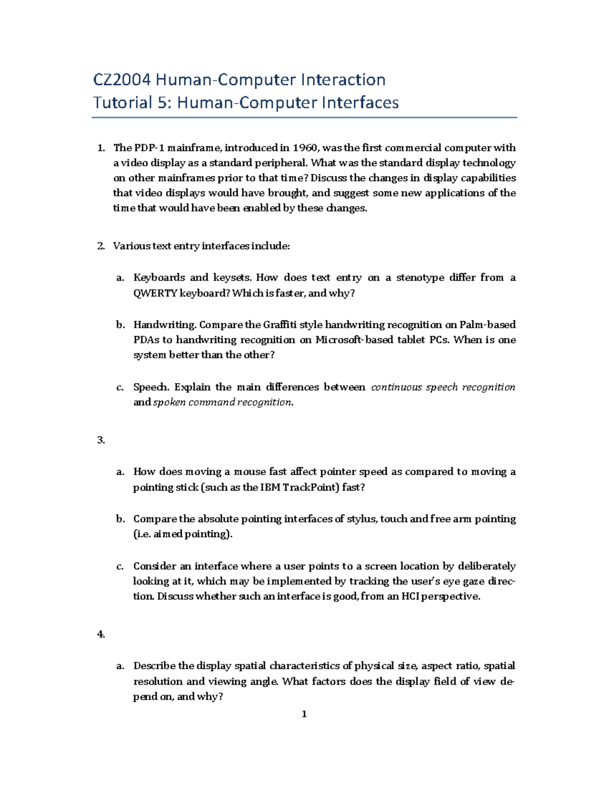 Tutorial 5 question - CZ2004 Human‐Computer Interaction Tutorial 5: Human‐Computer Interfaces 1 ...