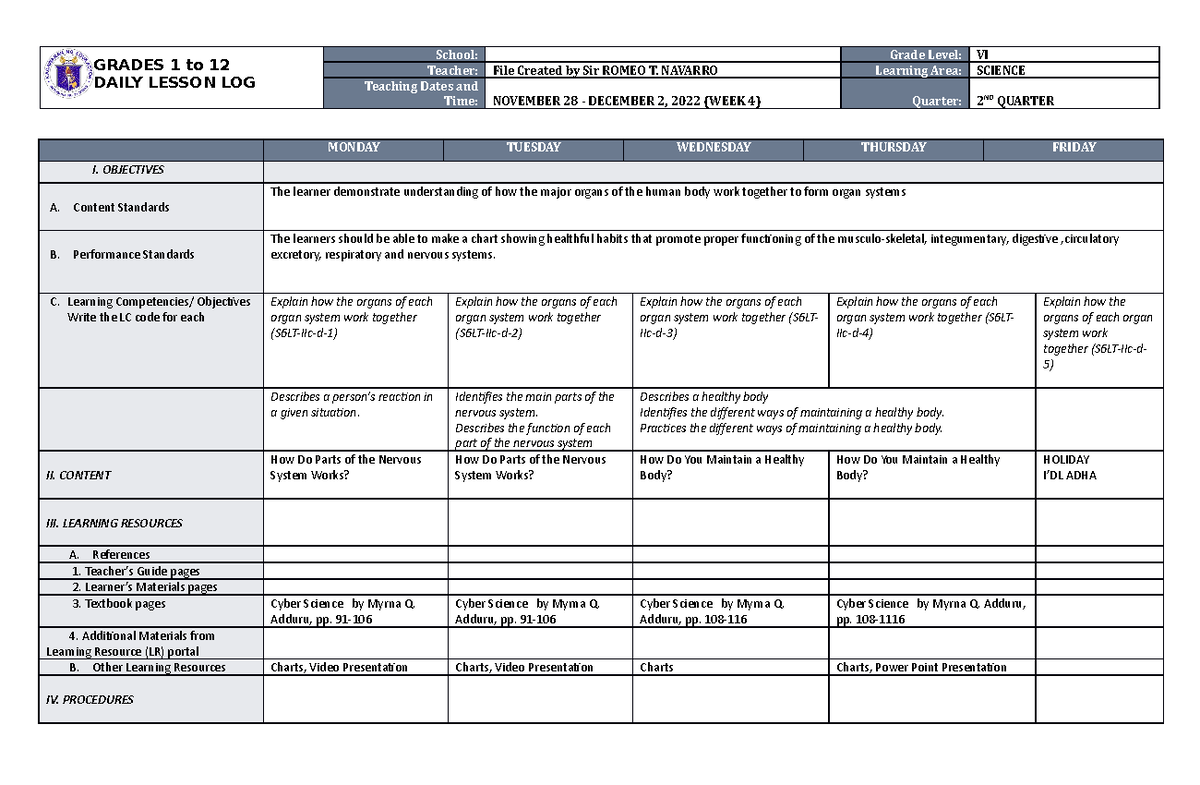 DLL Science 6 Q2 W4 - GRADES 1 to 12 DAILY LESSON LOG School: Grade ...
