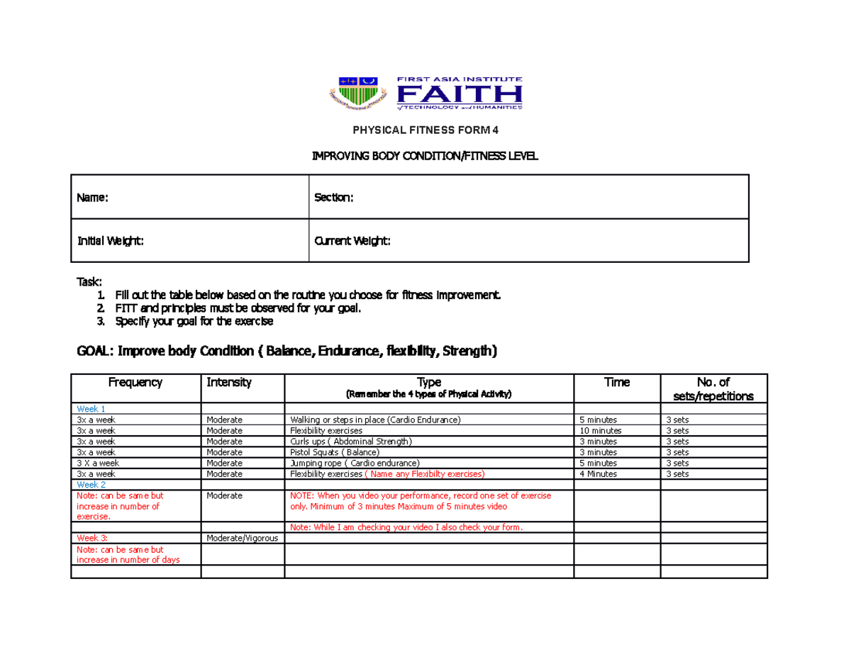 Example on how you will accomplish FORM 4 - PHYSICAL FITNESS FORM 4 ...