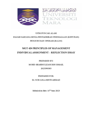 Assignment MGT400 individual - UNIVERSITI TEKNOLOGI MARA CAWANGAN ...