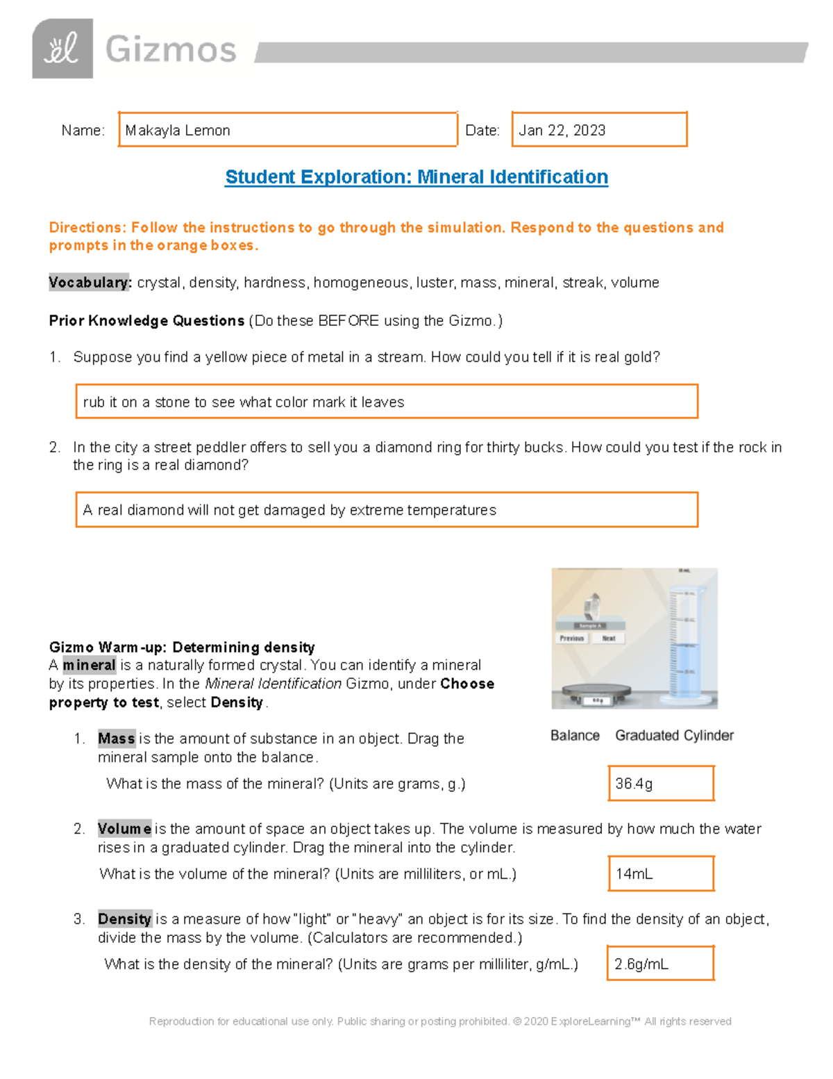 Copy of Mineral Identification SE - Name: Makayla Lemon Date: Jan 22 ...