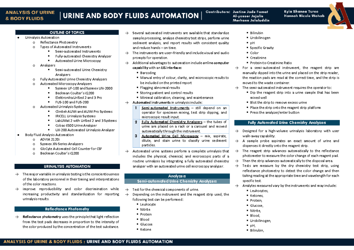 Urine AND BODY Fluid Automation - BSMT 3-3A ( Outline) - OUTLINE OF ...