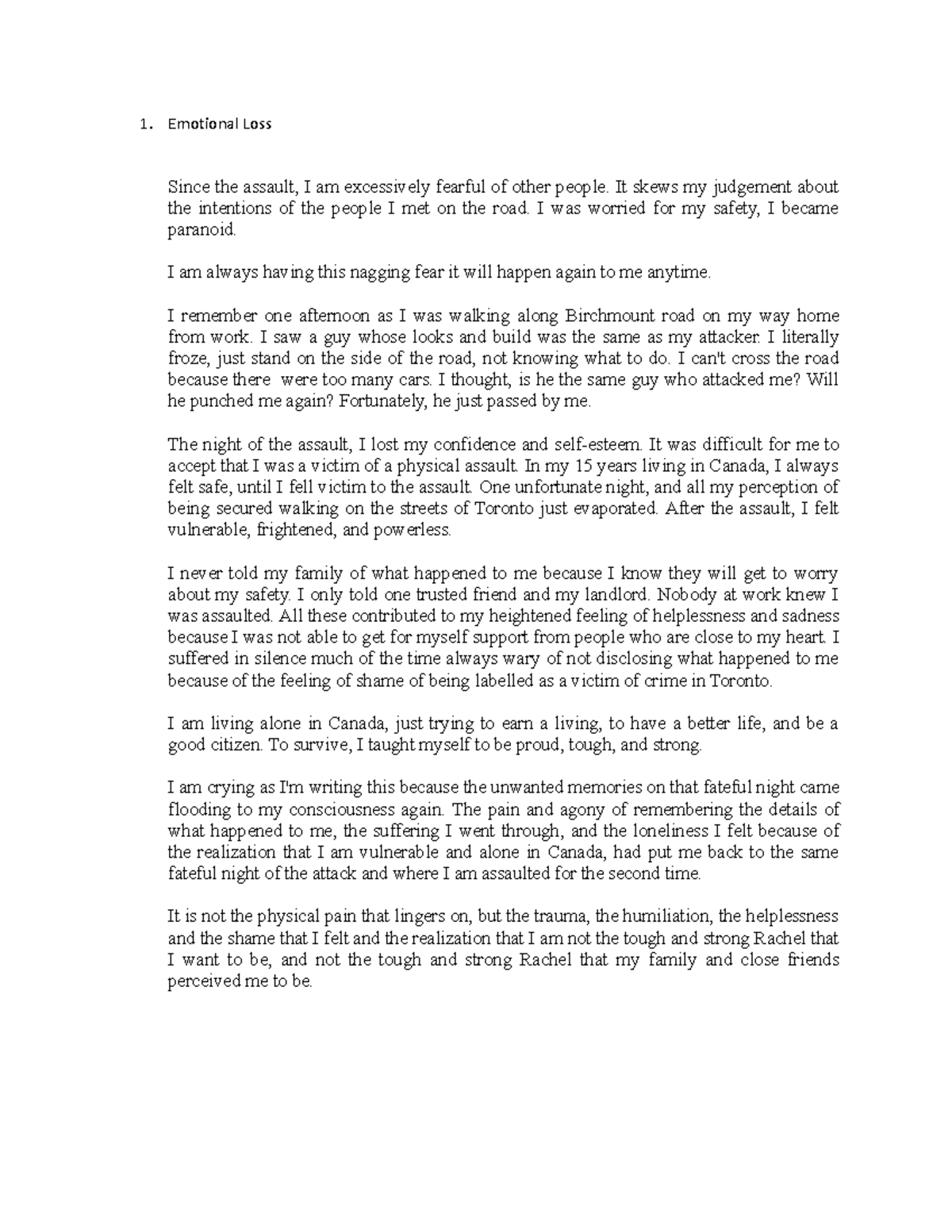 Victim Impact Statement Draft EDited - Emotional Loss Since the assault ...