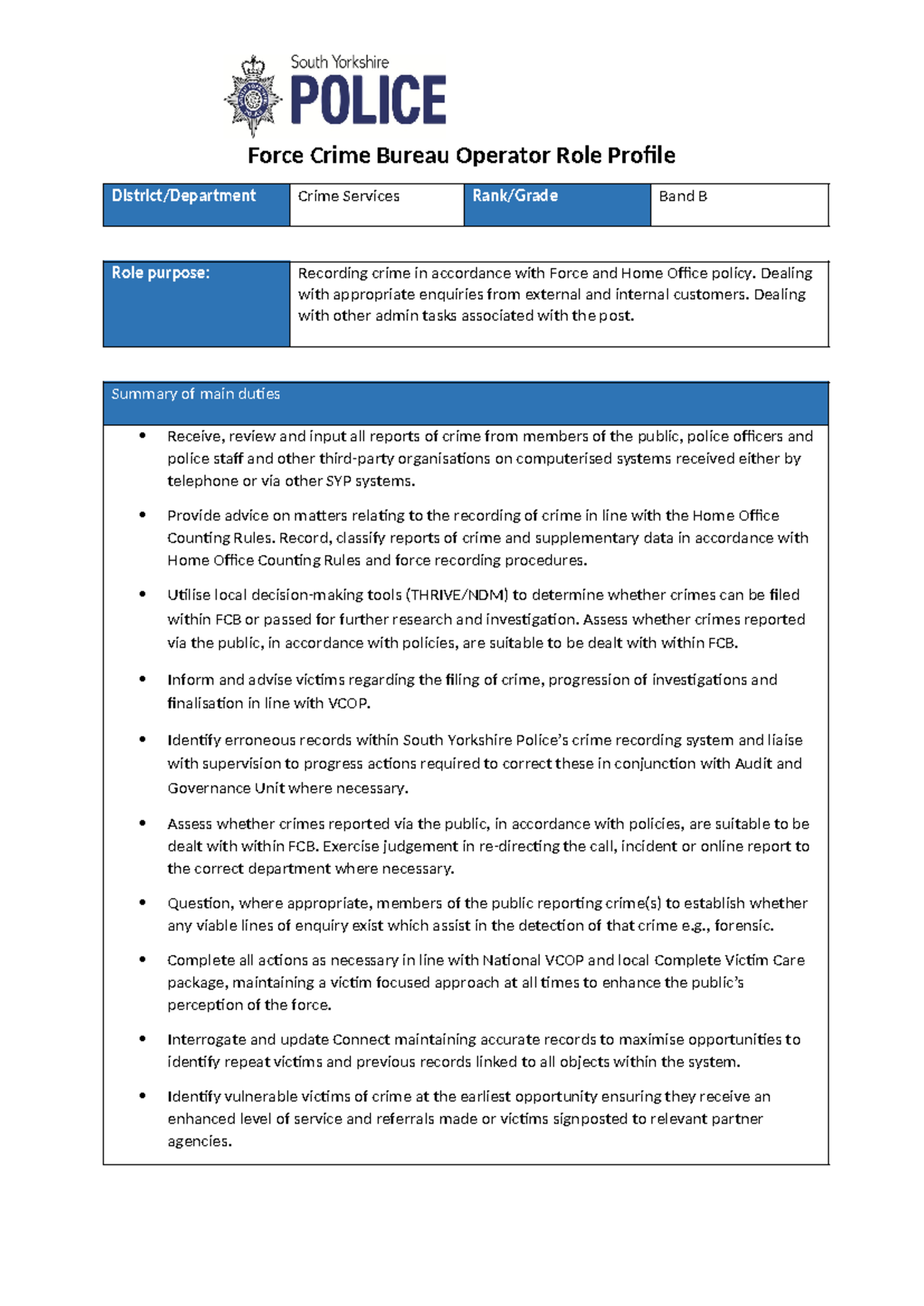 Force Crime Bureau Operator Role Profile - Force Crime Bureau Operator ...