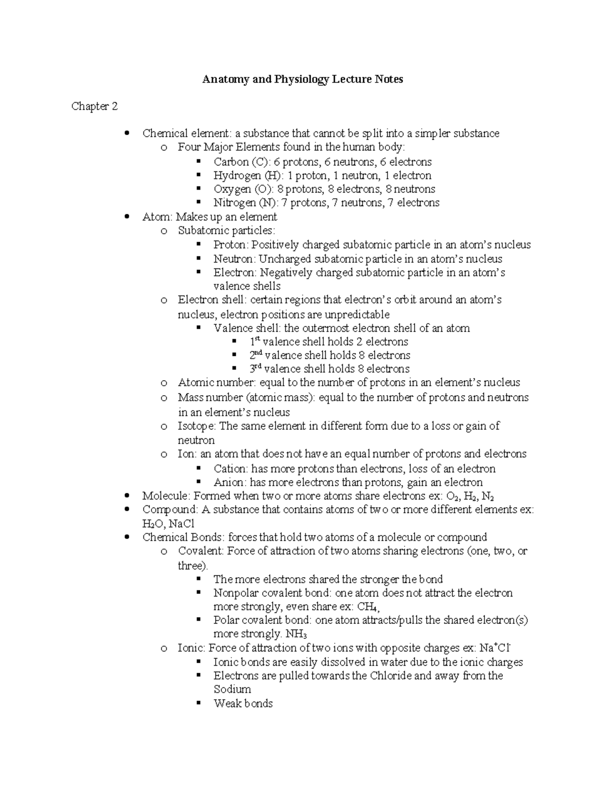Chapter 2 Exam Notes - Summary Anatomy and Physiology I - Anatomy and ...