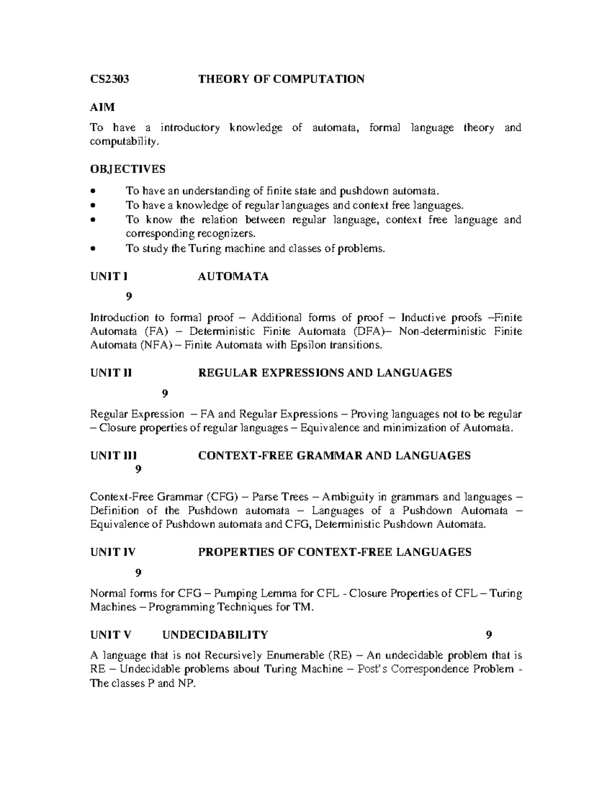 Toc full-a-b-1 - CS2303 THEORY OF COMPUTATION AIM To have a introductory knowledge of automata ...
