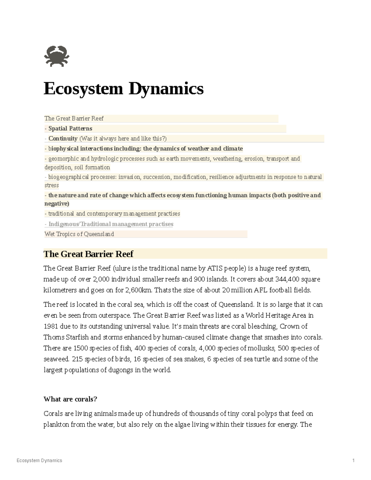 Ecosystem Dynamics Notes - Ecosystem Dynamics The Great Barrier Reef ...
