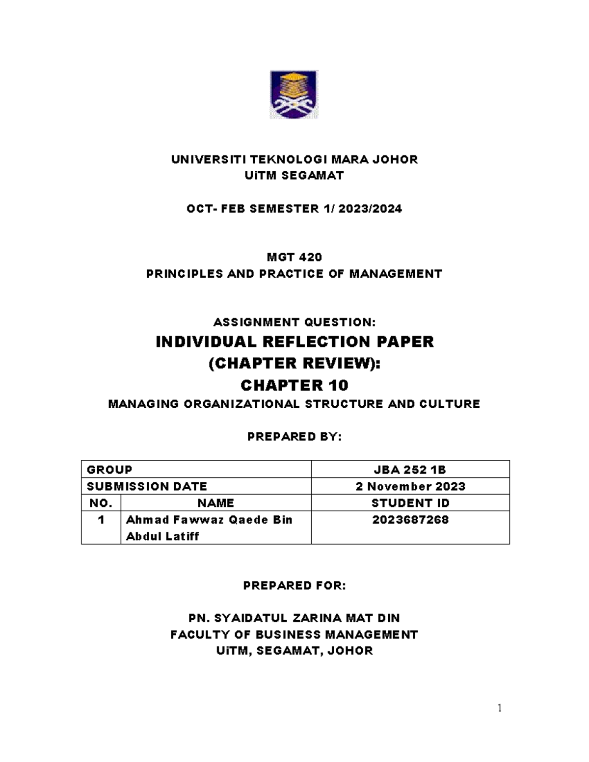 MGT individual ass - UNIVERSITI TEKNOLOGI MARA JOHOR UiTM SEGAMAT OCT ...