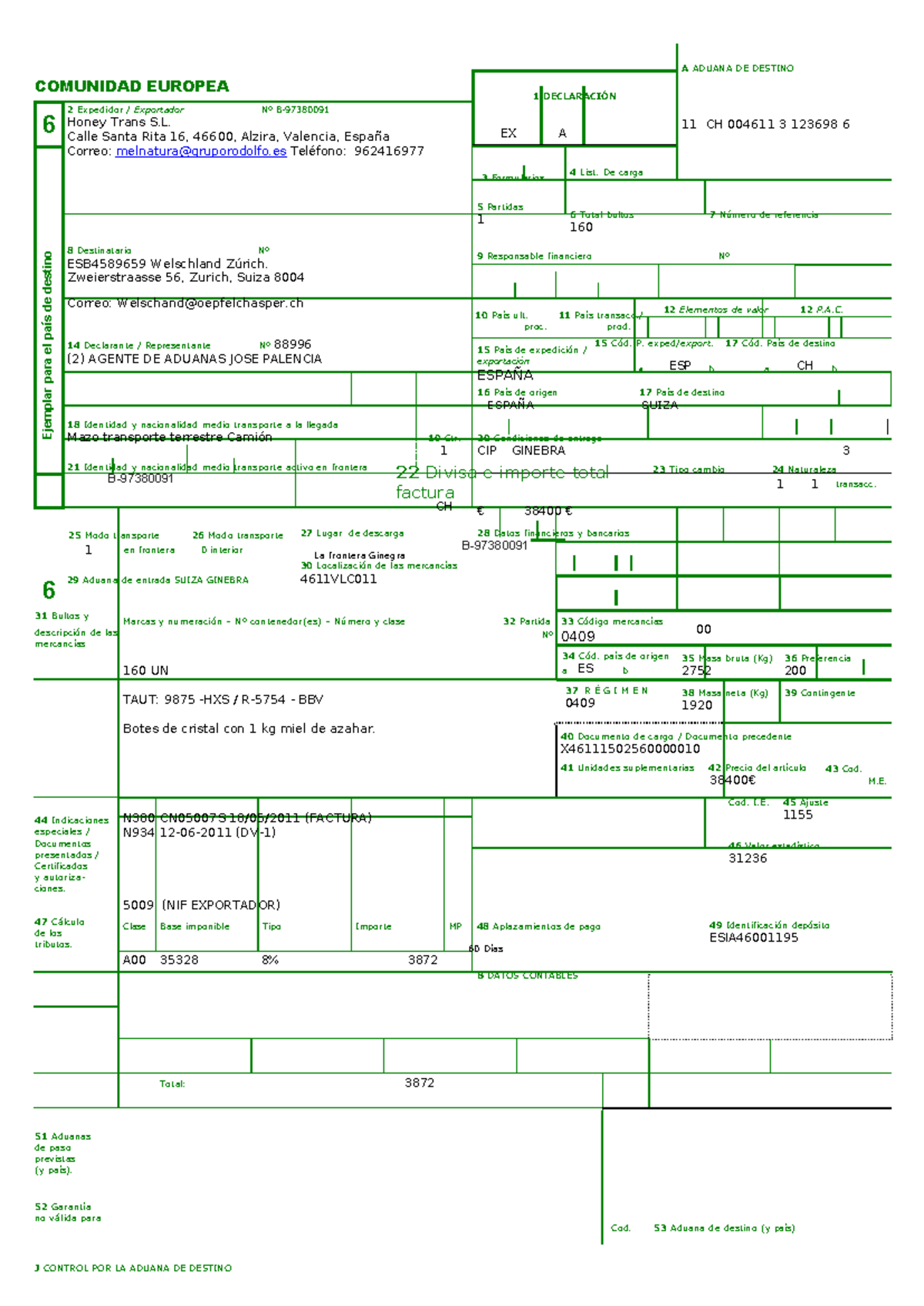 Ejemplo dua 07 - ciogfudytreaSDFGHUIOK - COMUNIDAD EUROPEA 2 Expedidor / Exportador Nº B- Honey ...