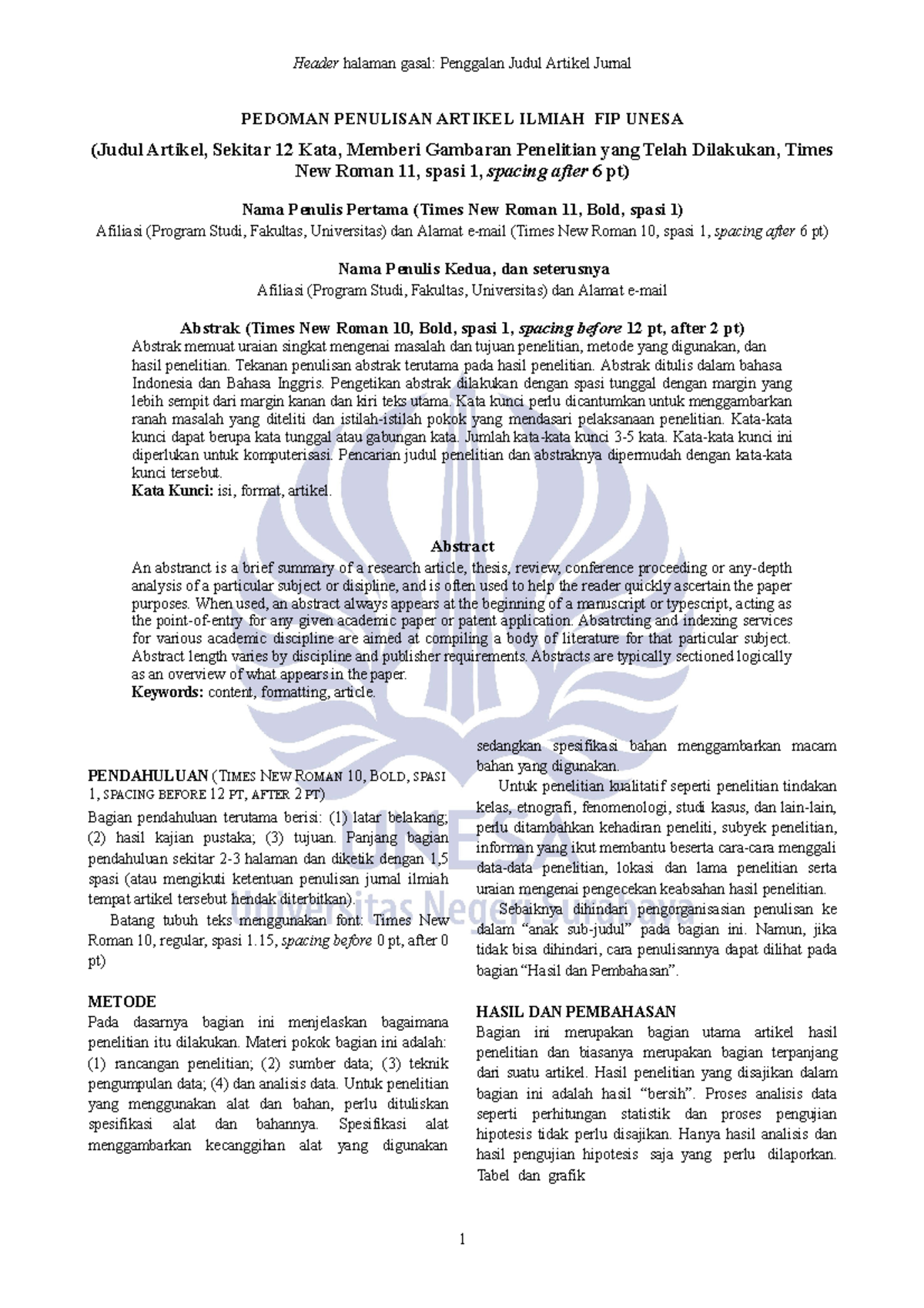 Template Artikel Unesa - Header halaman gasal: Penggalan Judul Artikel ...