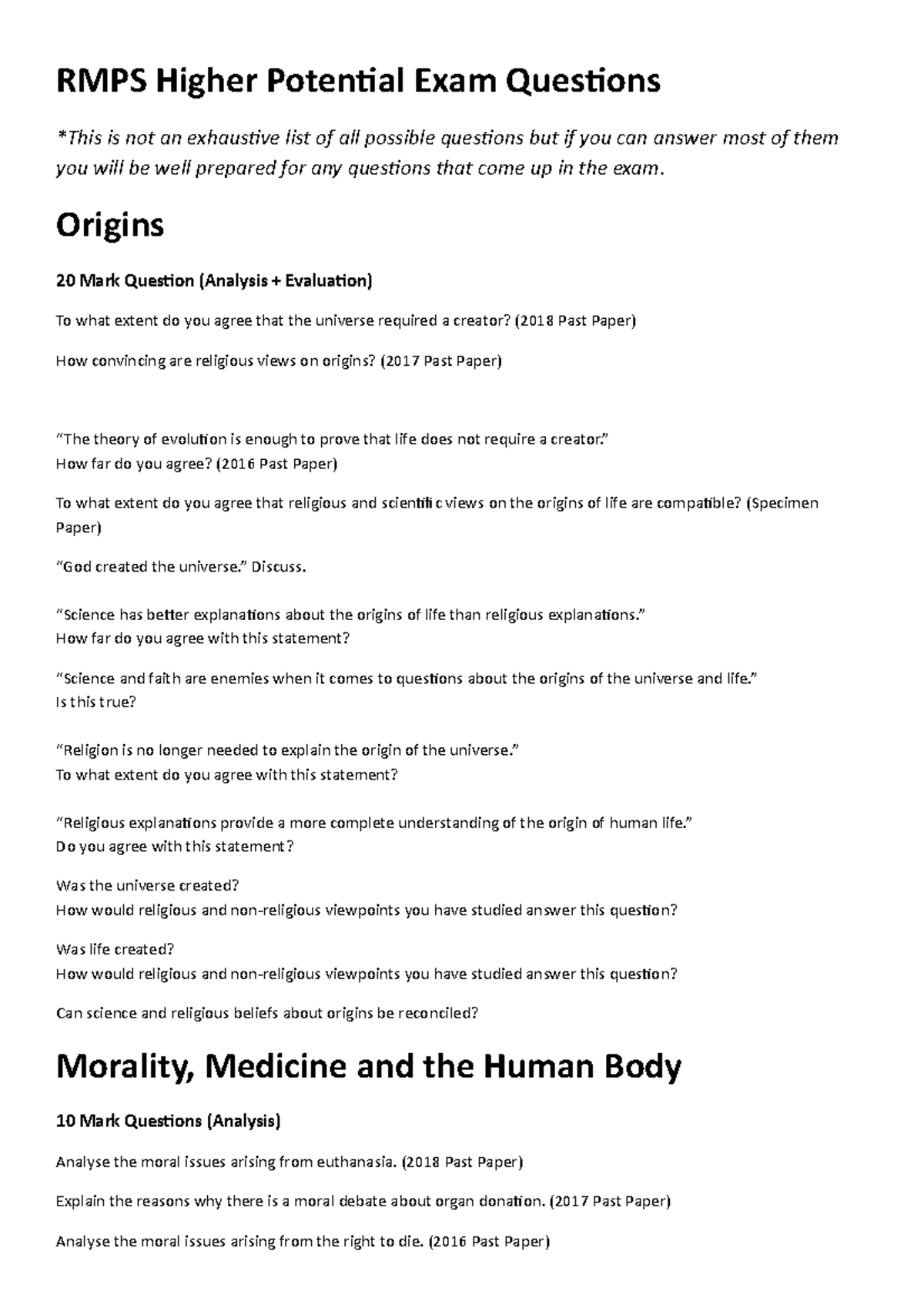 RMPS Higher Potential Exam Questions - Origins 20 Mark Question (Analysis + Evaluation) To what ...