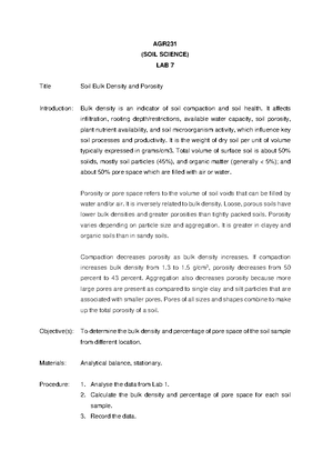AGR231 Lab 8 Soil Water Content - AGR (SOIL SCIENCE) LAB 8 Title Soil ...