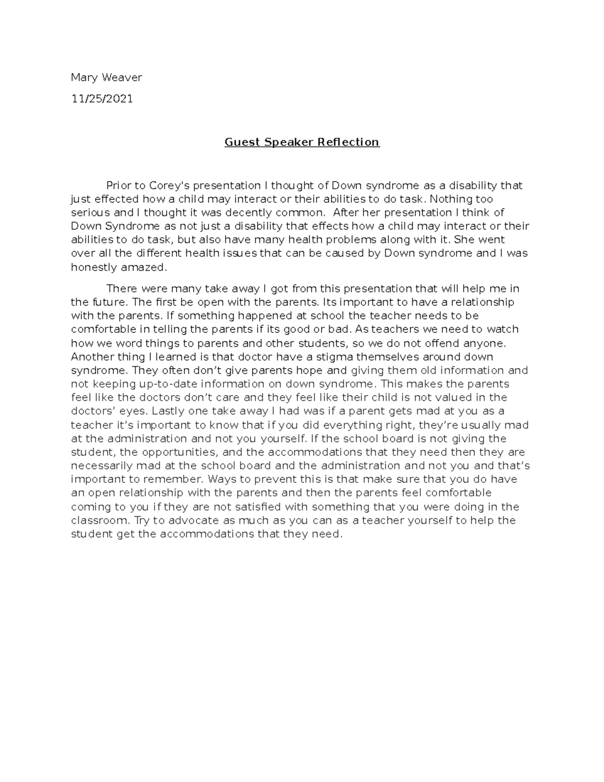 Guest speaker reflection - Mary Weaver 11/25/ Guest Speaker Reflection ...