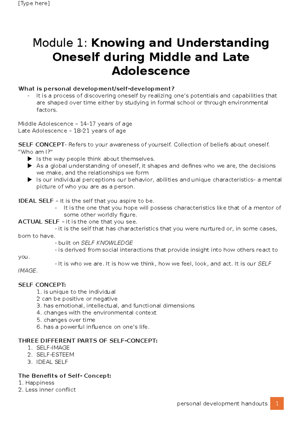 Handout-knowing & understanding oneself - [Type here] Module 1: Knowing ...