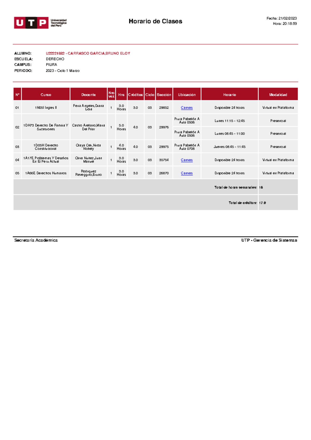 Reporte Horario-1 - awdasd - Horario de Clases Fecha: 21/02/ Hora: 20: ...